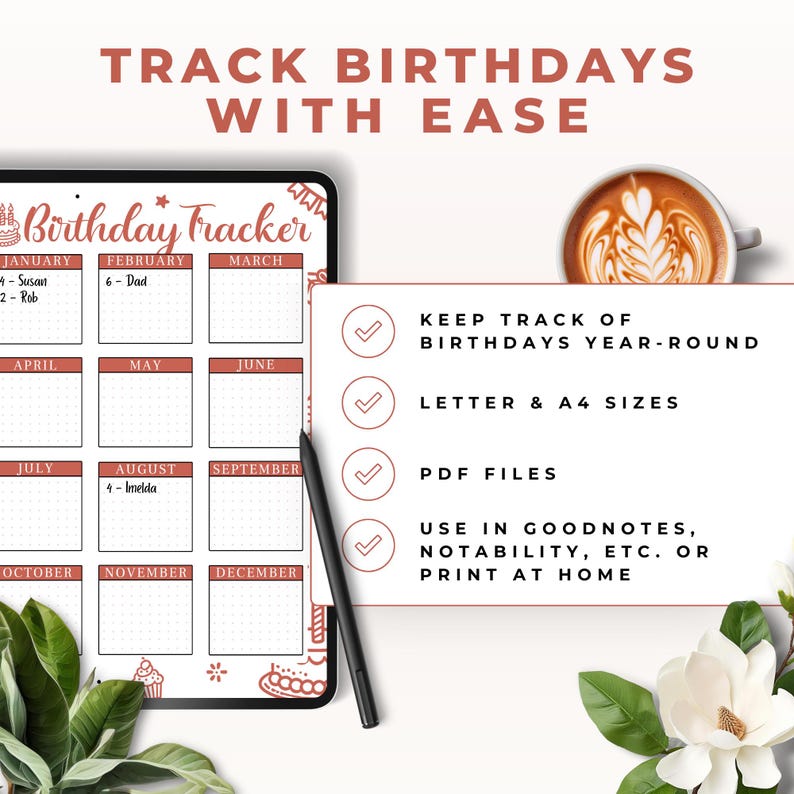 Terracotta Birthday Tracker Printable Planner Journal Reminder ...