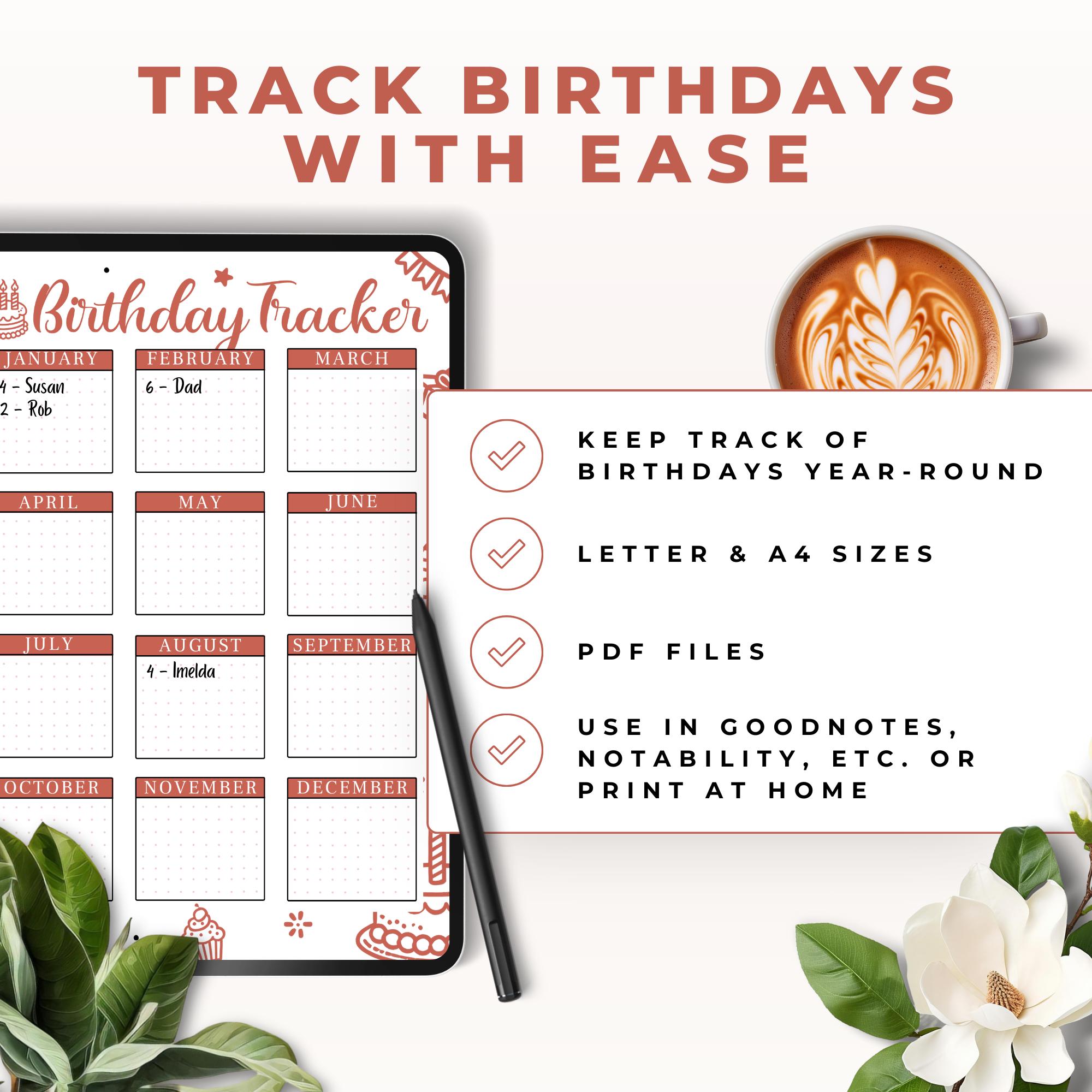 Terracotta Birthday Tracker Printable Planner Journal Reminder ...