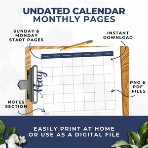 Navy Blue Undated Monthly Calendar Pages Landscape | Blank Monday ...