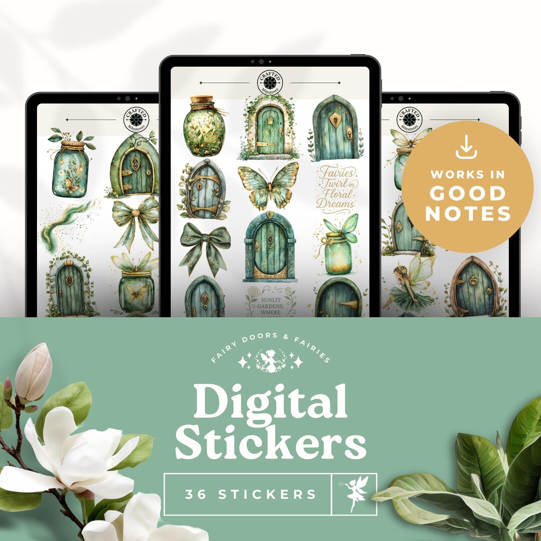 Sage Gold Magical Fairy Doors Digital Stickers Goodnotes Pack | Fairies ...