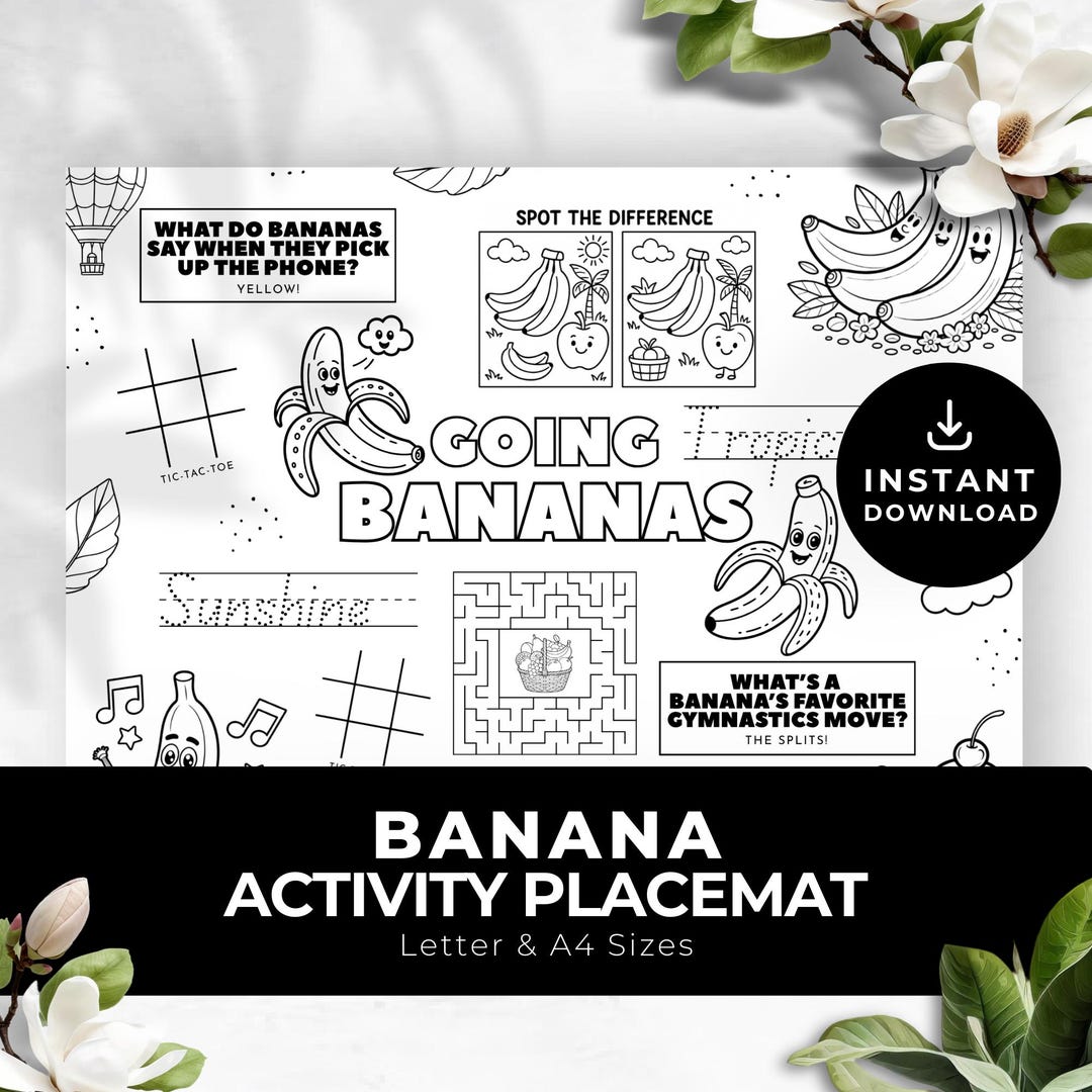 Banana Fruit Coloring Activity Placemat Kids Printable Tropical ...