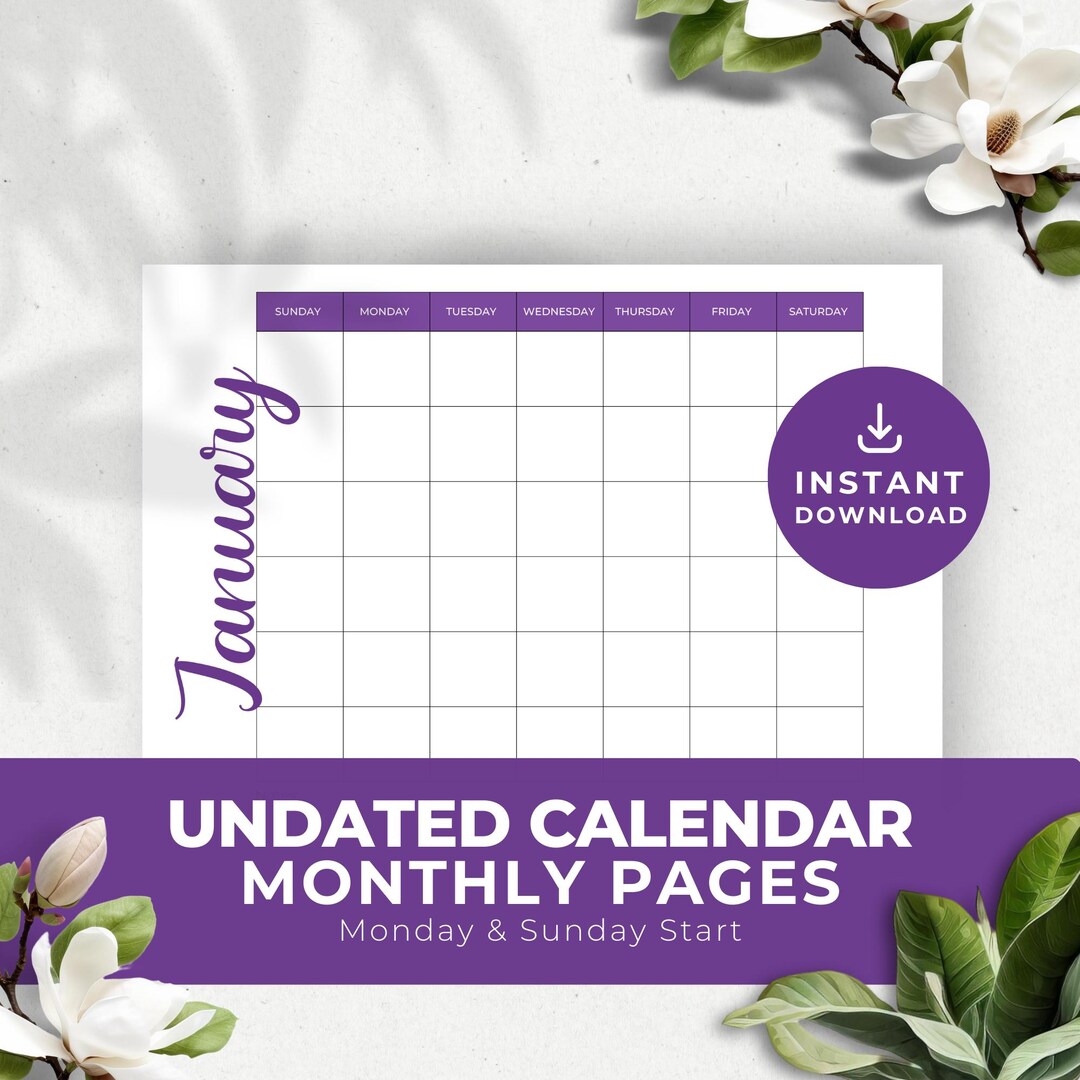 Dark Purple Undated Monthly Calendar Pages Landscape Blank Monday ...