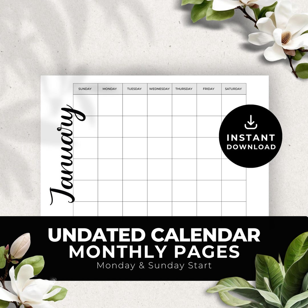 Minimalist Undated Monthly Calendar Pages Landscape | Blank Monday ...