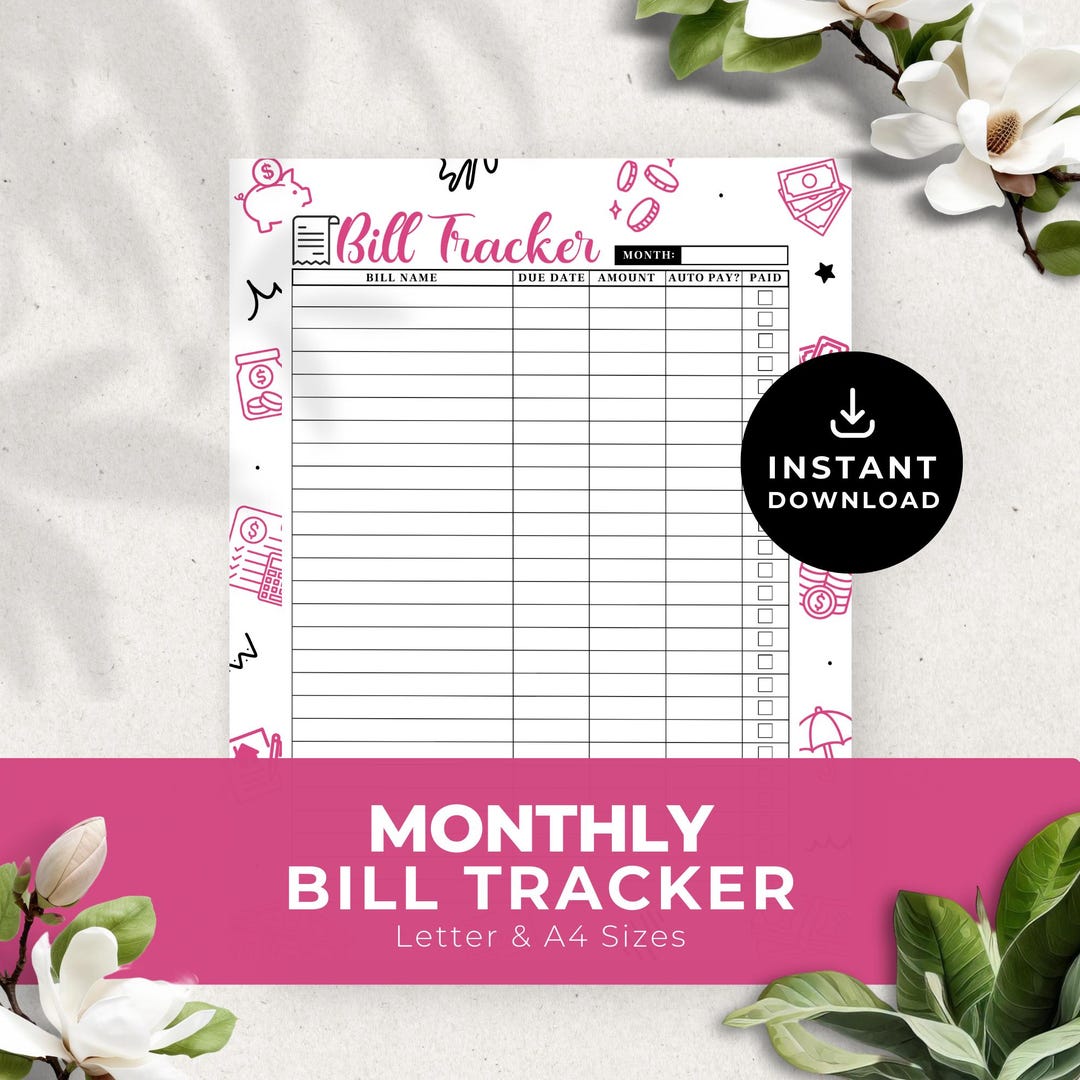 Pink Magenta Monthly Bill Tracker Printable Finance Savings Budget ...