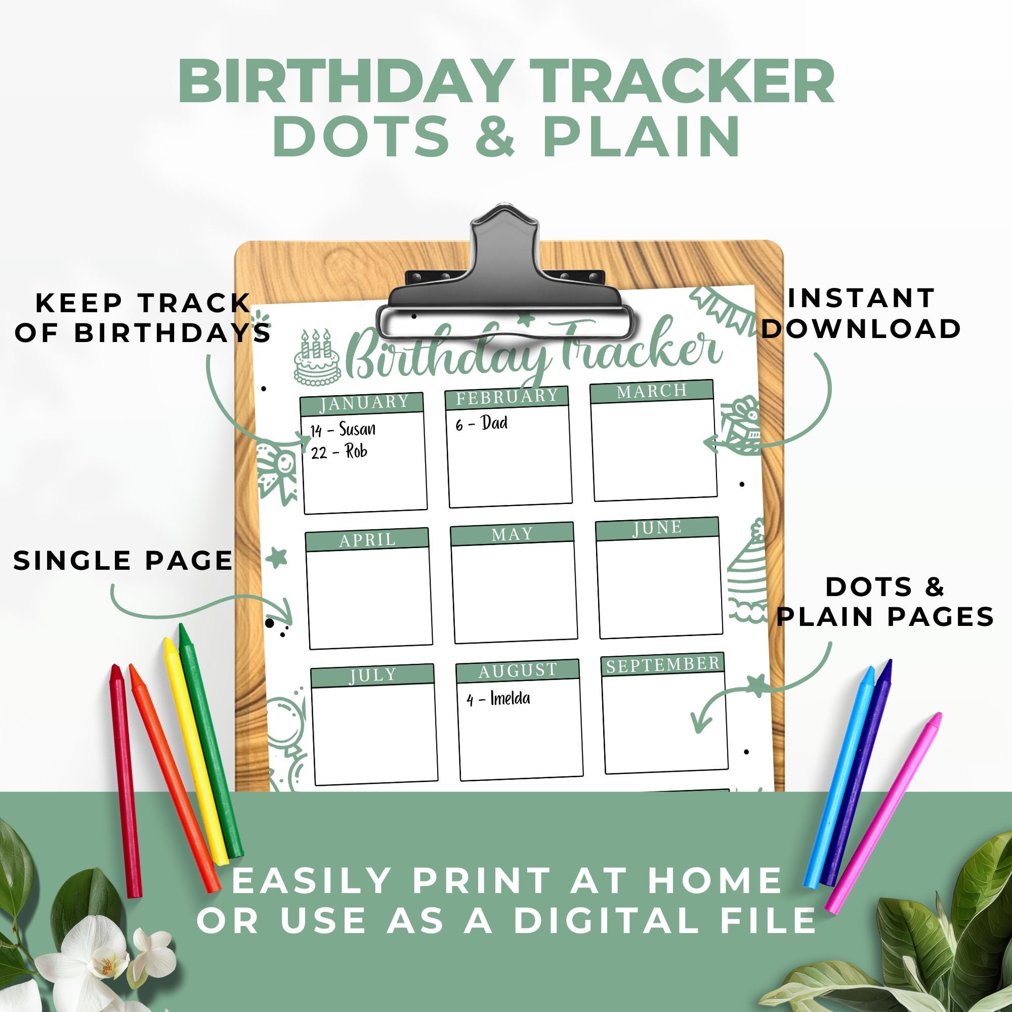 Sage Green Birthday Tracker Printable Planner Journal Reminder ...
