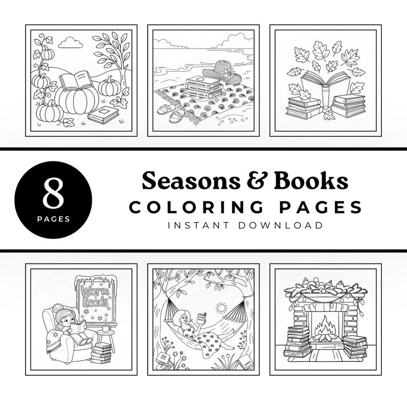 Four Seasons Coloring Pages | Cozy Bookish Designs | Bold Easy Literary ...