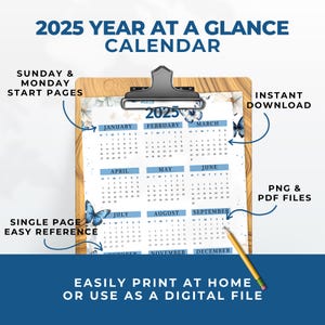 Royal Blue Butterflies Calendar 2025 Png New Year at a Glance Full ...