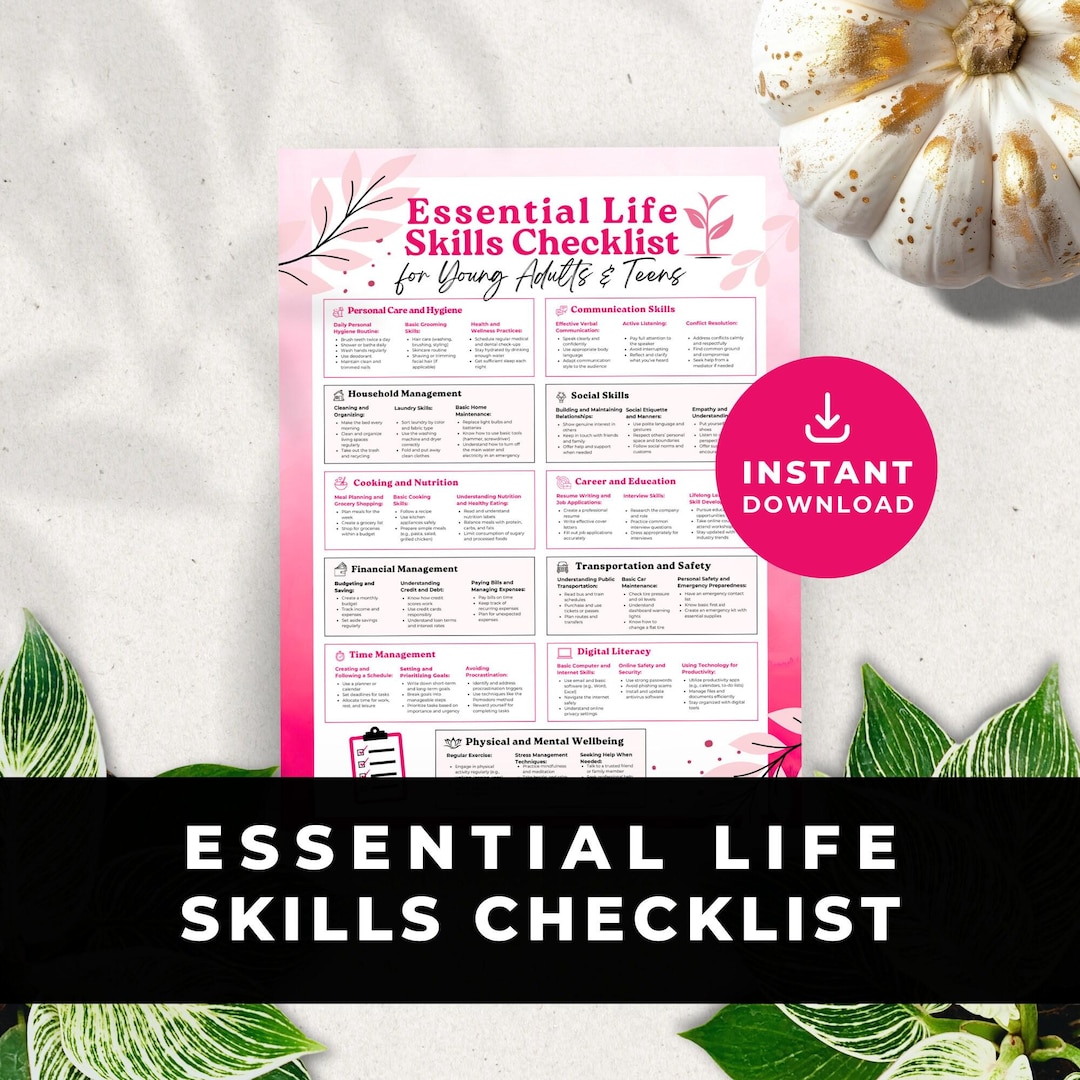 Hot Pink Black Essential Life Skill Checklist Young Adult Teen ...