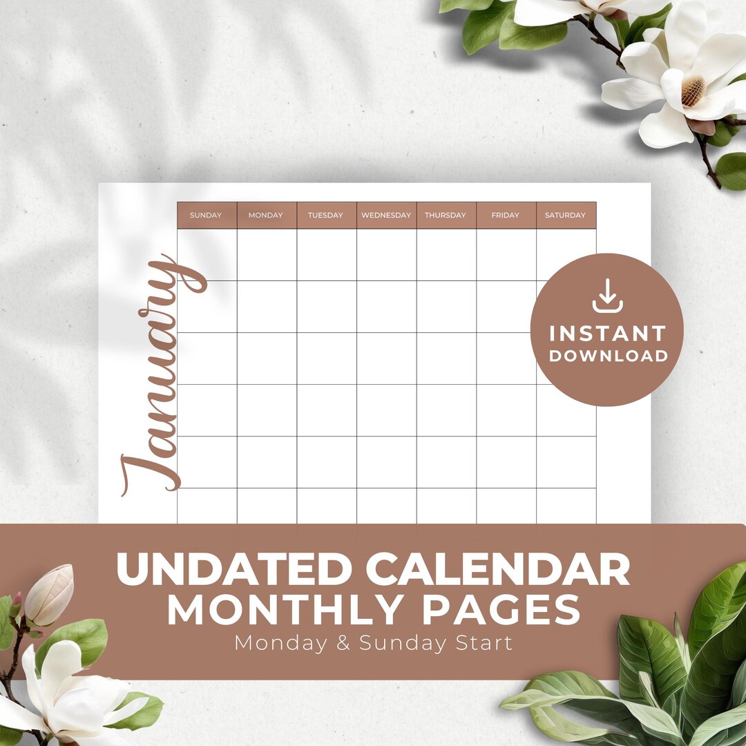 Mocha Mousse Undated Monthly Calendar Page Landscape Blank Monday Sunday Start Desk Office Wall ...