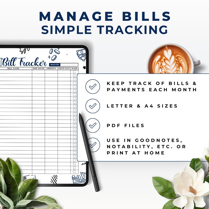 Navy Blue Monthly Bill Tracker Printable | Finance Savings Budget Checklist Planner Organizer ...