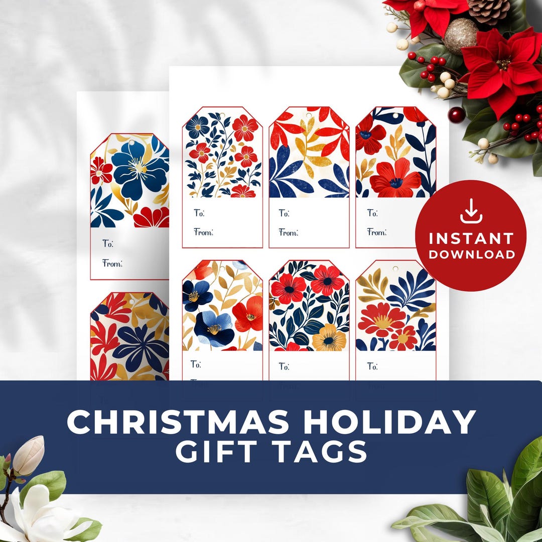 Red Navy Gold Flower Cutout Christmas Tags Printable | Christmas ...