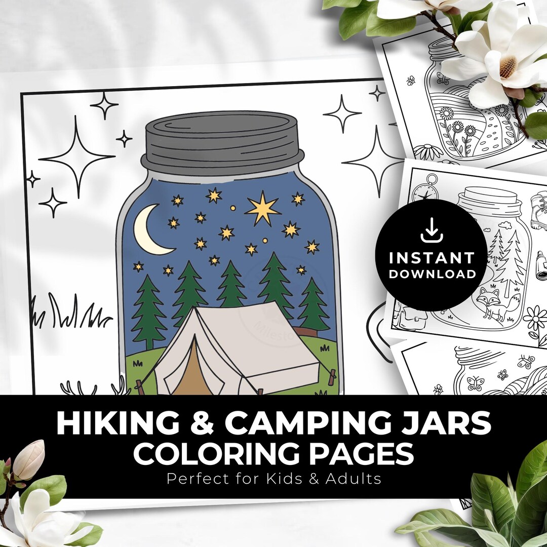 Hiking Camping Jar Coloring Pages Book | Bold Easy Fun Spring Forest ...