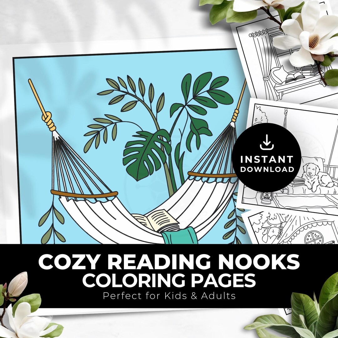 Cozy Book Lover Coloring Pages Reading Nooks Printable | Bold Easy Fun ...