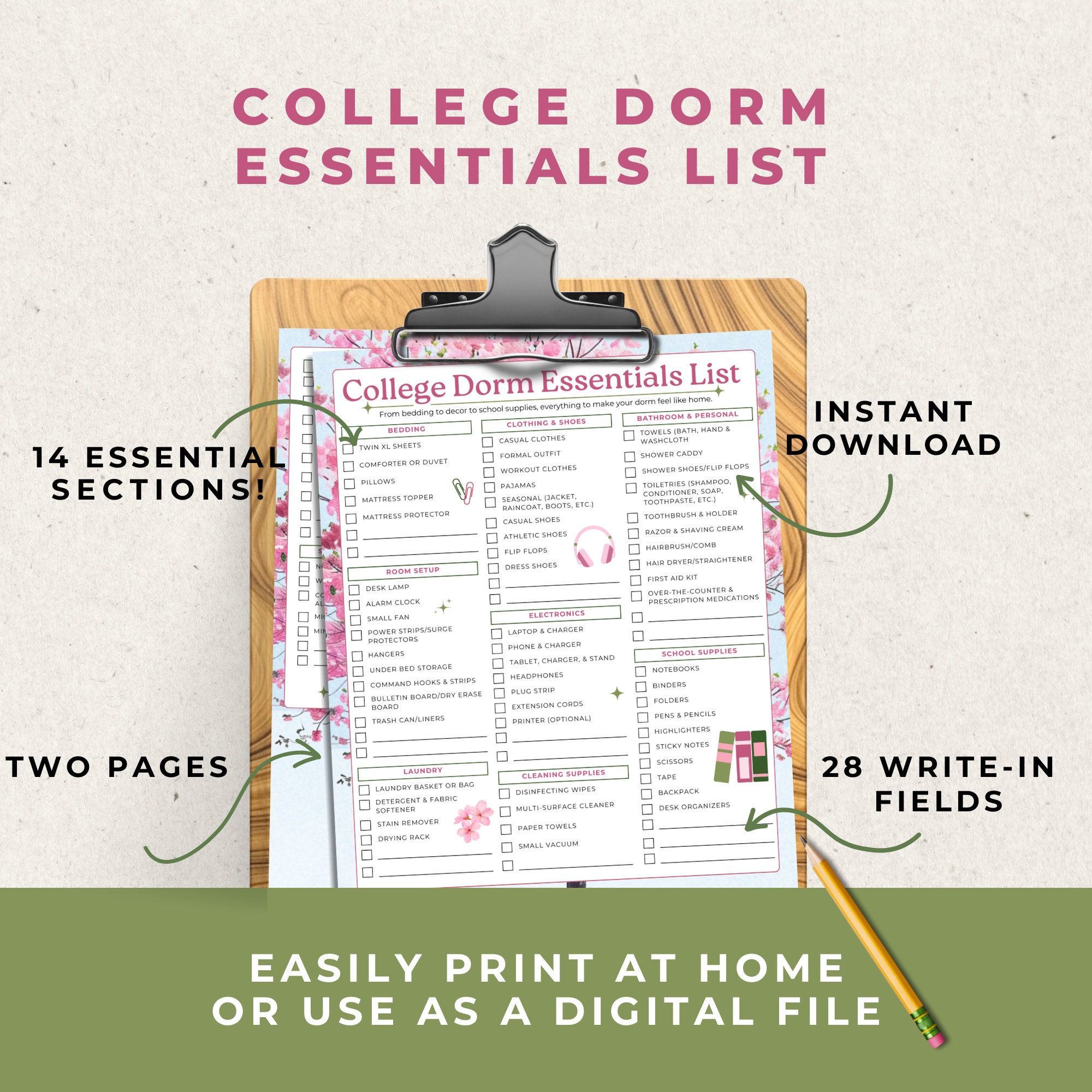 Cherry Blossom College Dorm Packing List Freshman Student Gift Must ...
