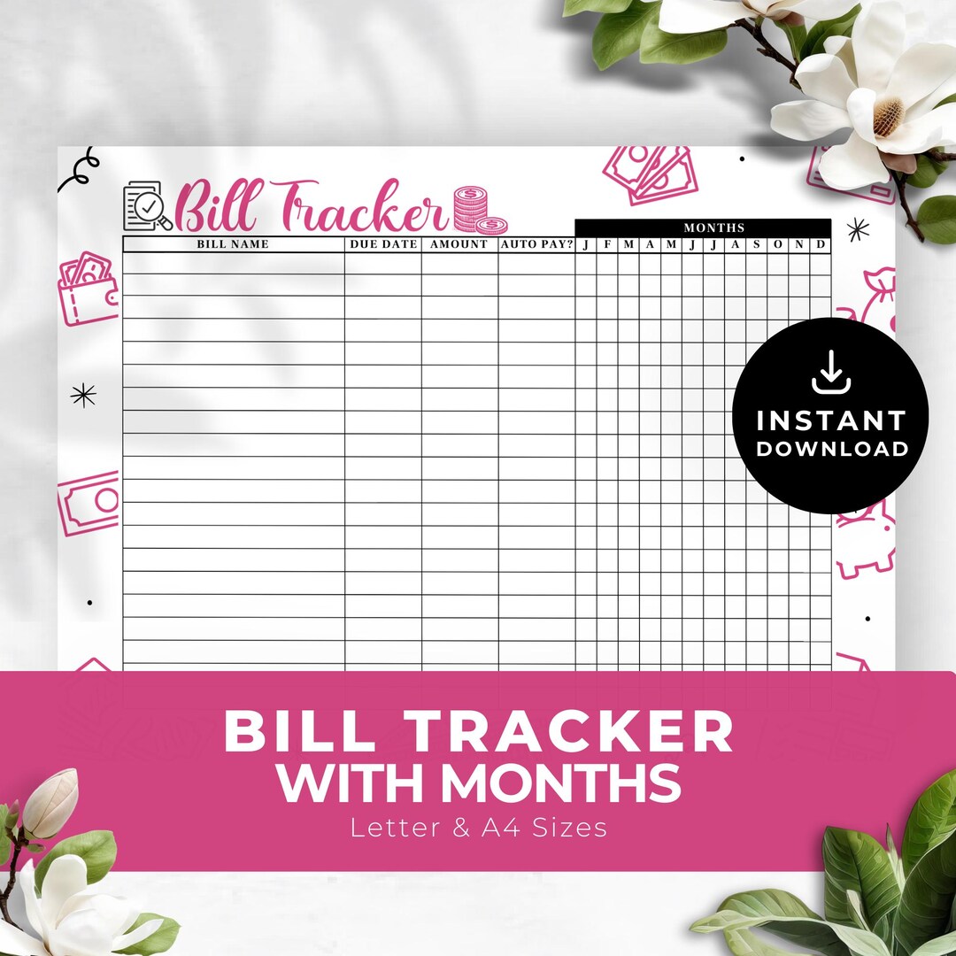 Pink Magenta Monthly Bill Tracker Printable Finance Savings Budget ...
