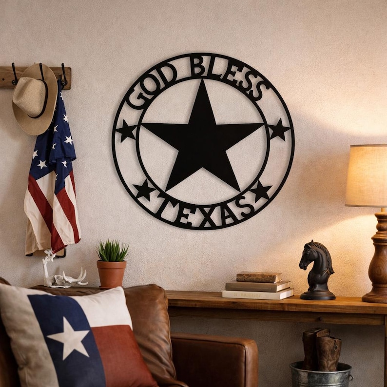 Texas Lone Star Metal Wall Art: God Bless Texas Circle Sign, Western ...
