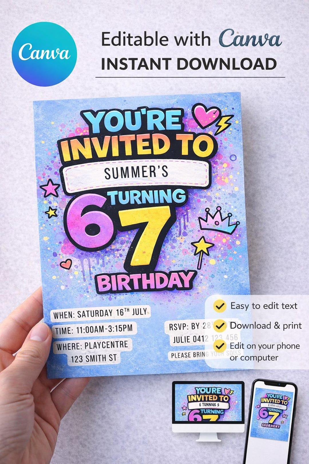 6 7 Girls Birthday Invitation 6 Turning 7 Editable in Canva for Girls ...