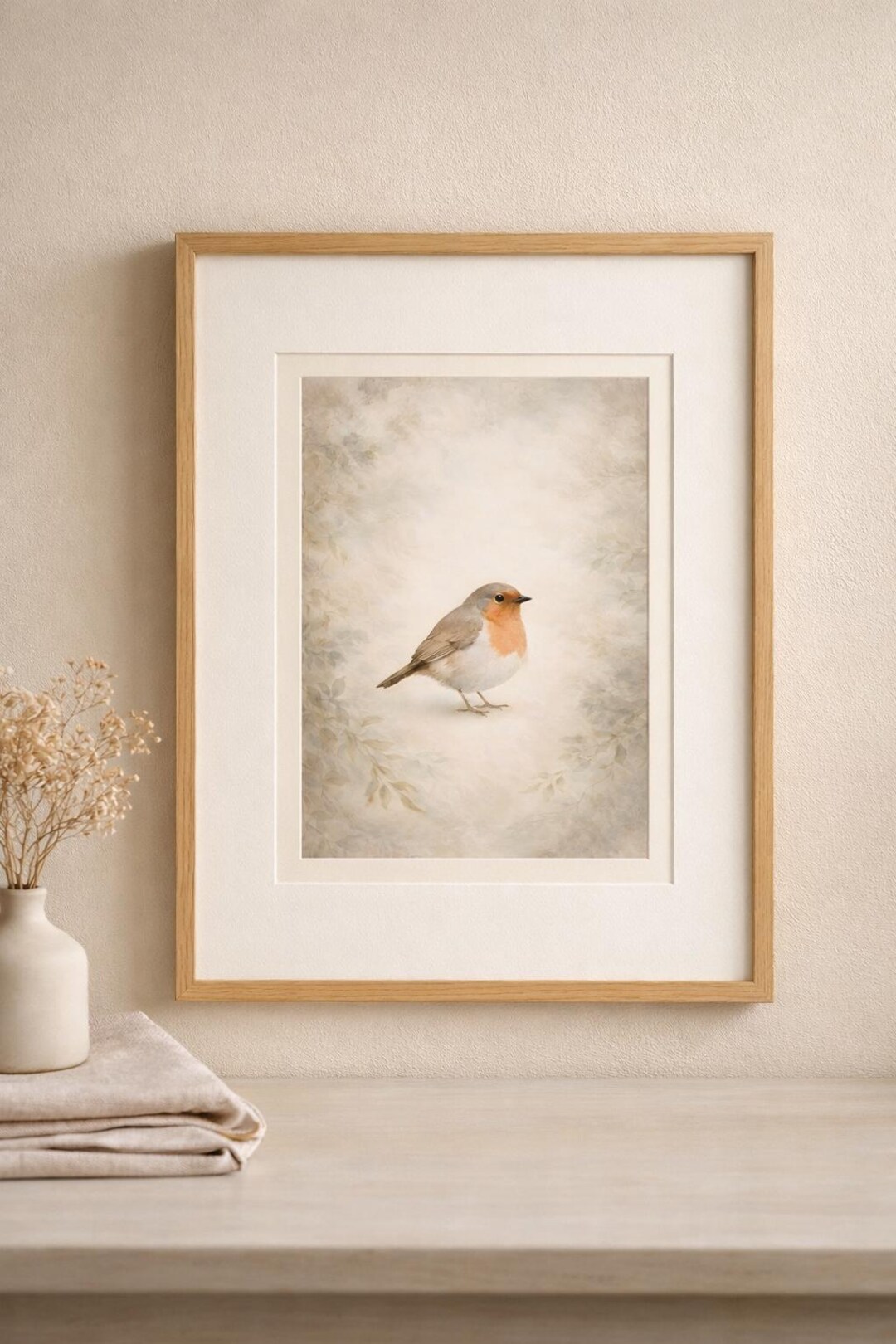 Matted Bird Print | Vintage Robin Wall Art | Neutral Botanical ...