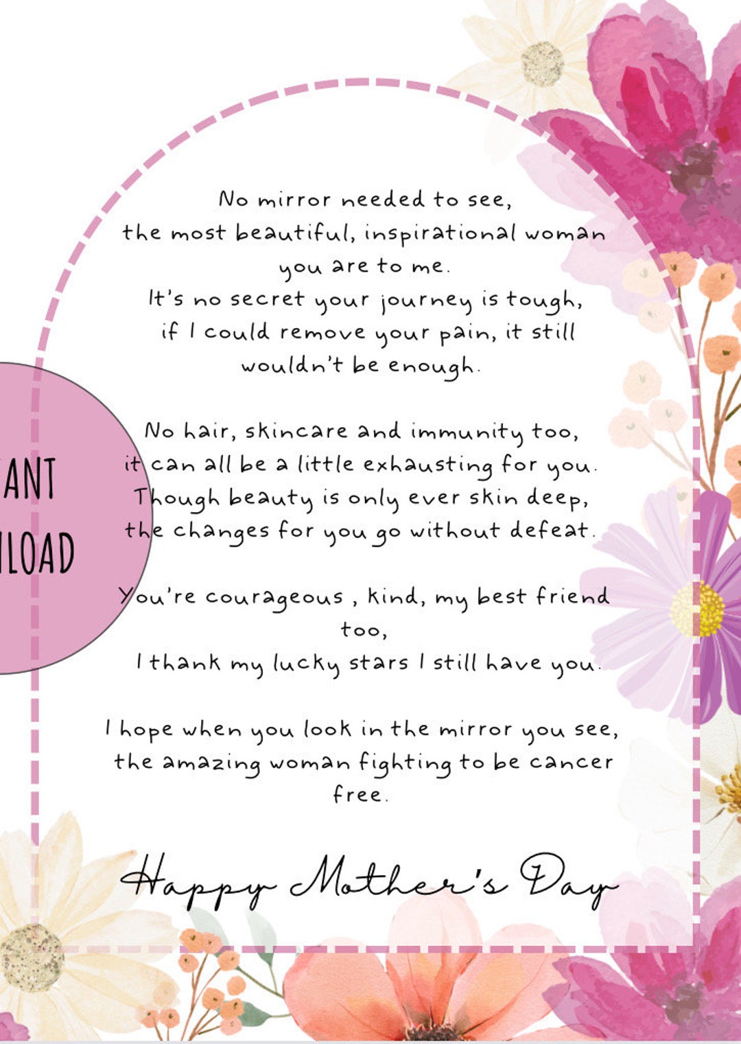 Mother’s Day Poem Cancer Support Printable Inspirational Floral Gift ...
