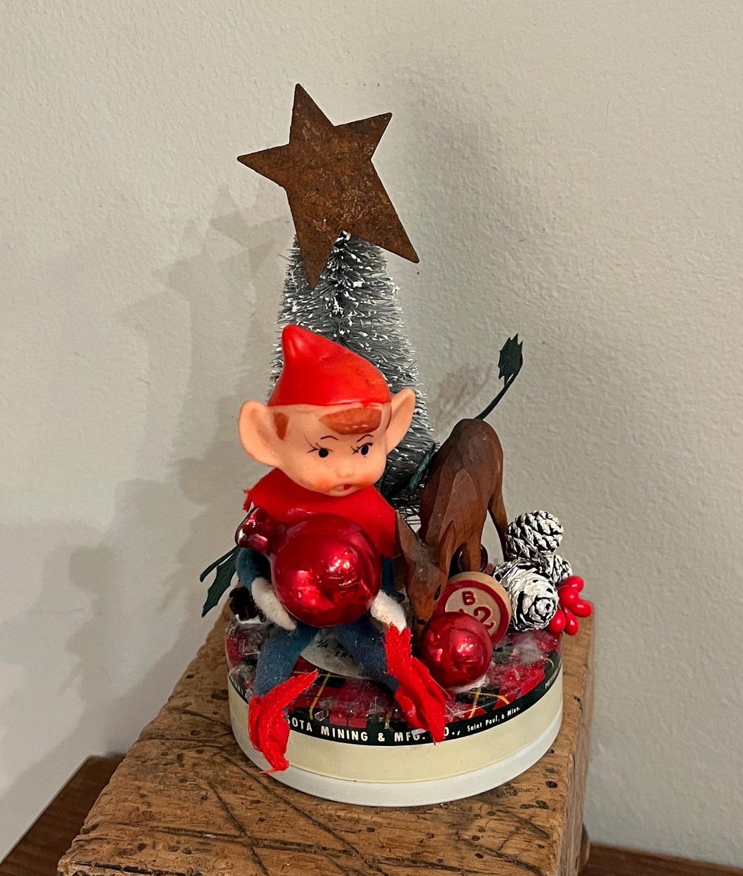 Vintage Elf on Plaid Scotch Tape Tin, Christmas Assemblage Decor Gift ...