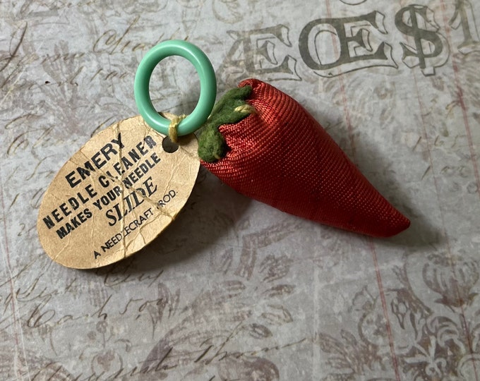 Vintage Red Strawberry Emery Needle Cleaner in Red Silk Fabric With ...