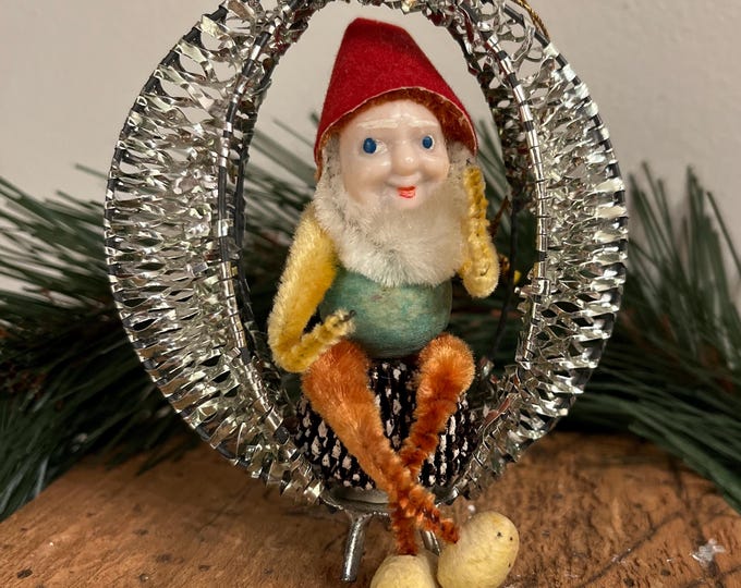 Vintage Elf Ornament Diorama Sitting on Pinecone in Tinsel Wire Seat ...