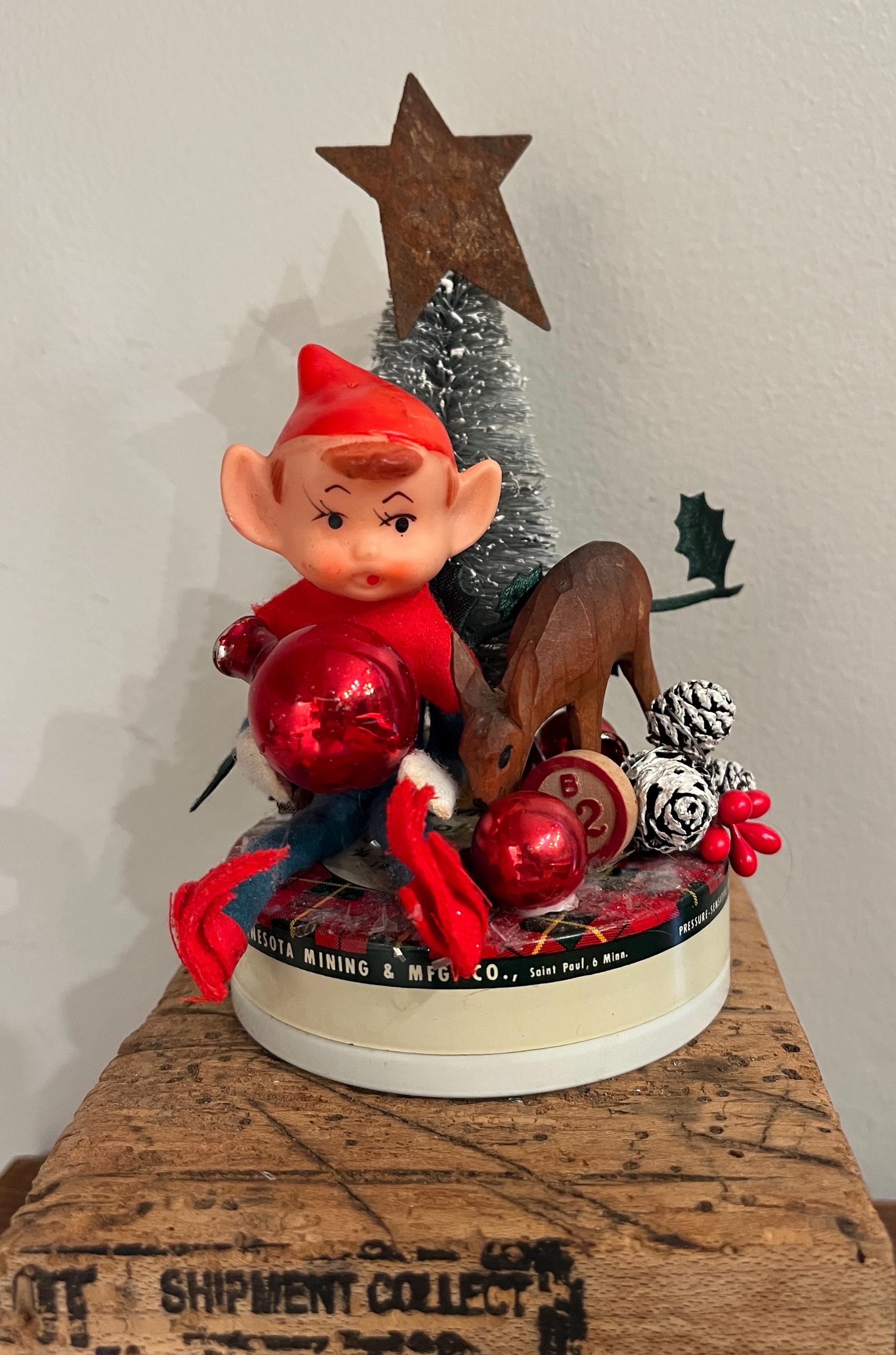 Vintage Elf on Plaid Scotch Tape Tin, Christmas Assemblage Decor Gift ...