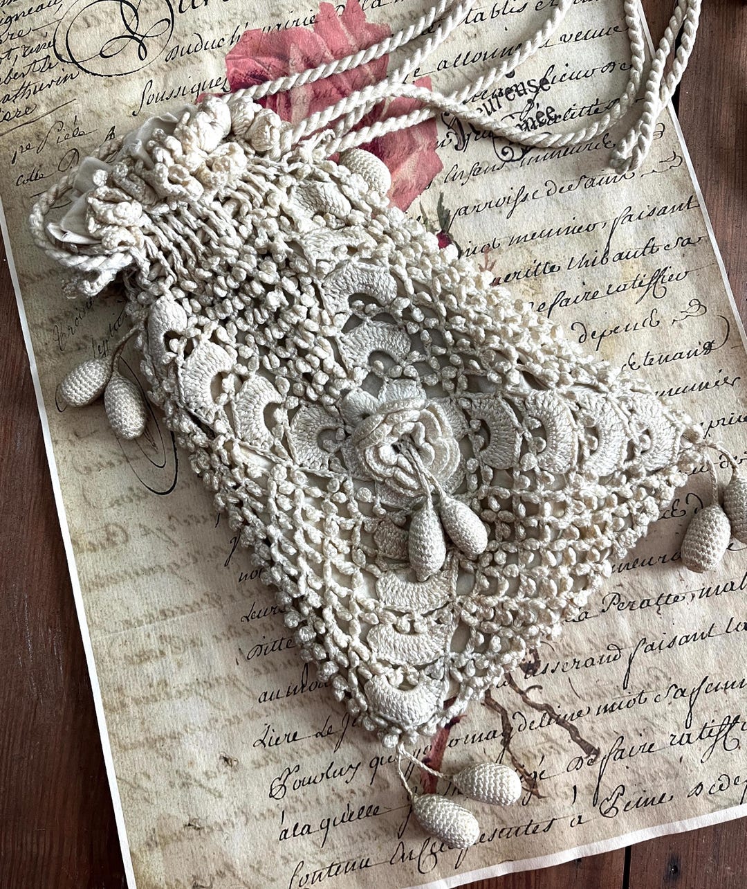 Antique Lace Crochet Reticule Drawstring Bag With Lace Flower and ...