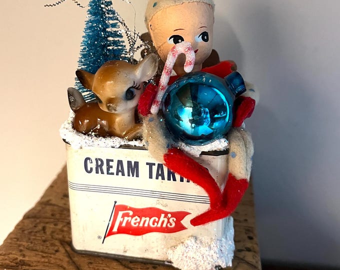 Vintage Spice Tin Assemblage With Posable Japan Elf in Blue Polka Dot ...