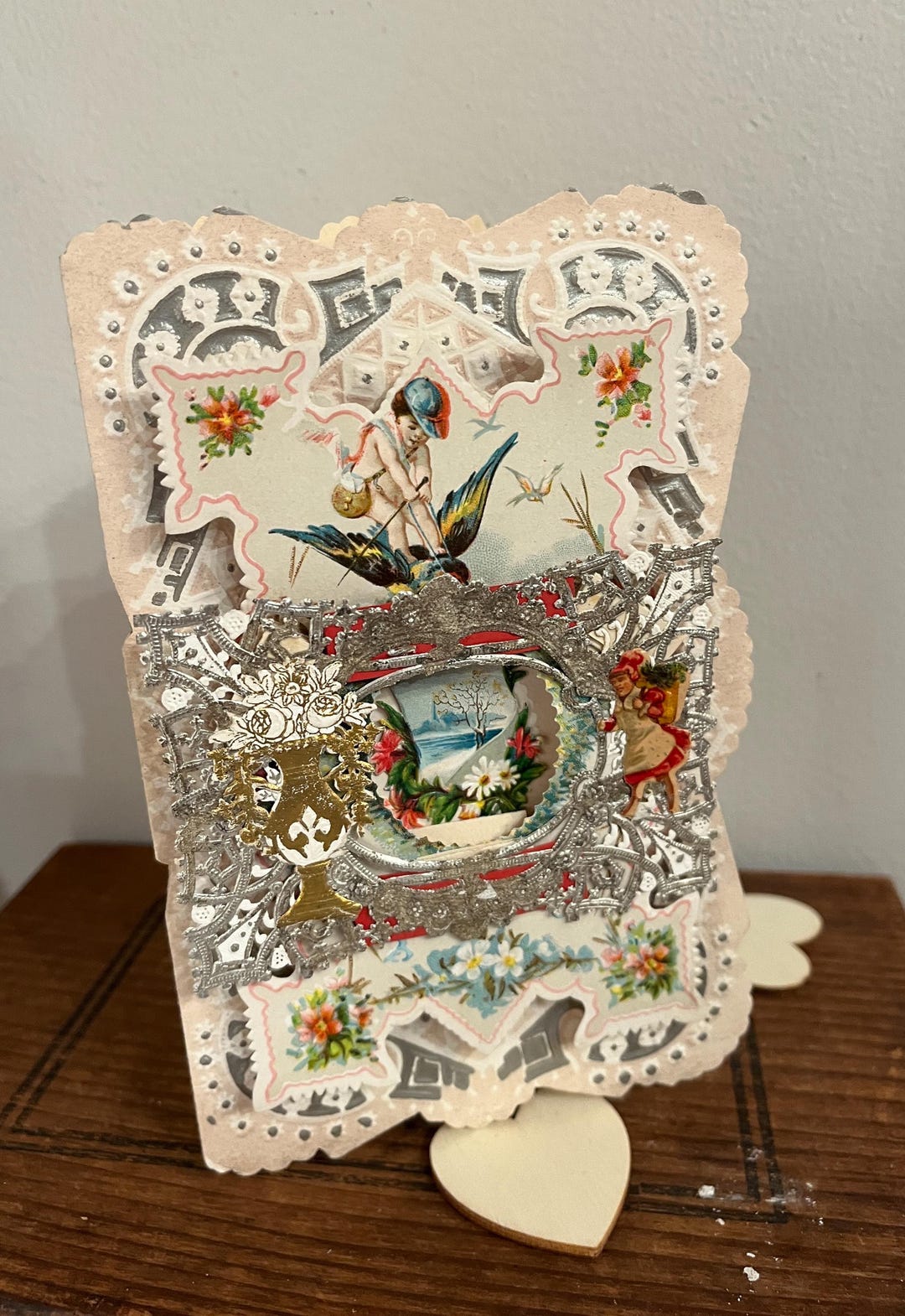 Antique Victorian Silver and Gold Dresden Layered Valentine Card, Pop ...