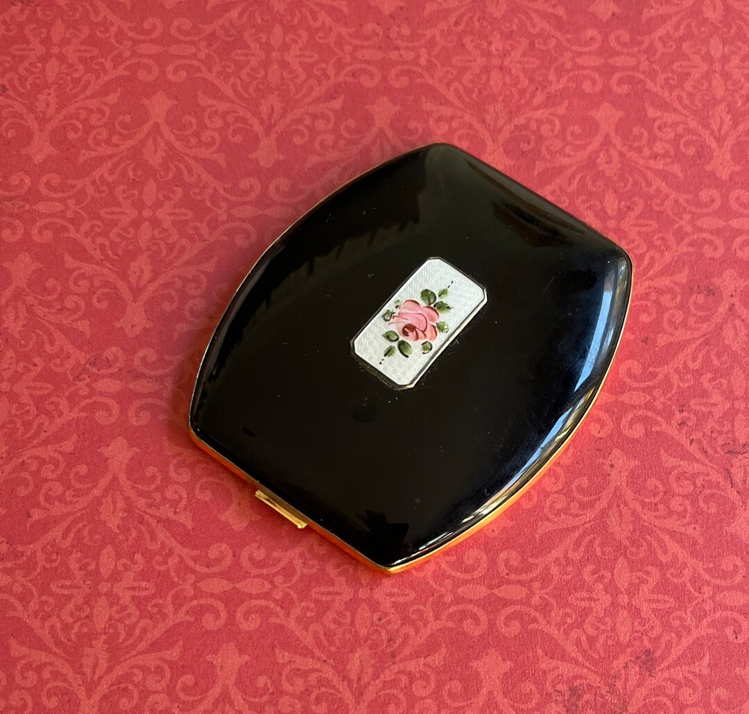 Vintage Black Enamel Compact, Guilloche Enamel Inset With Pink Rose by ...
