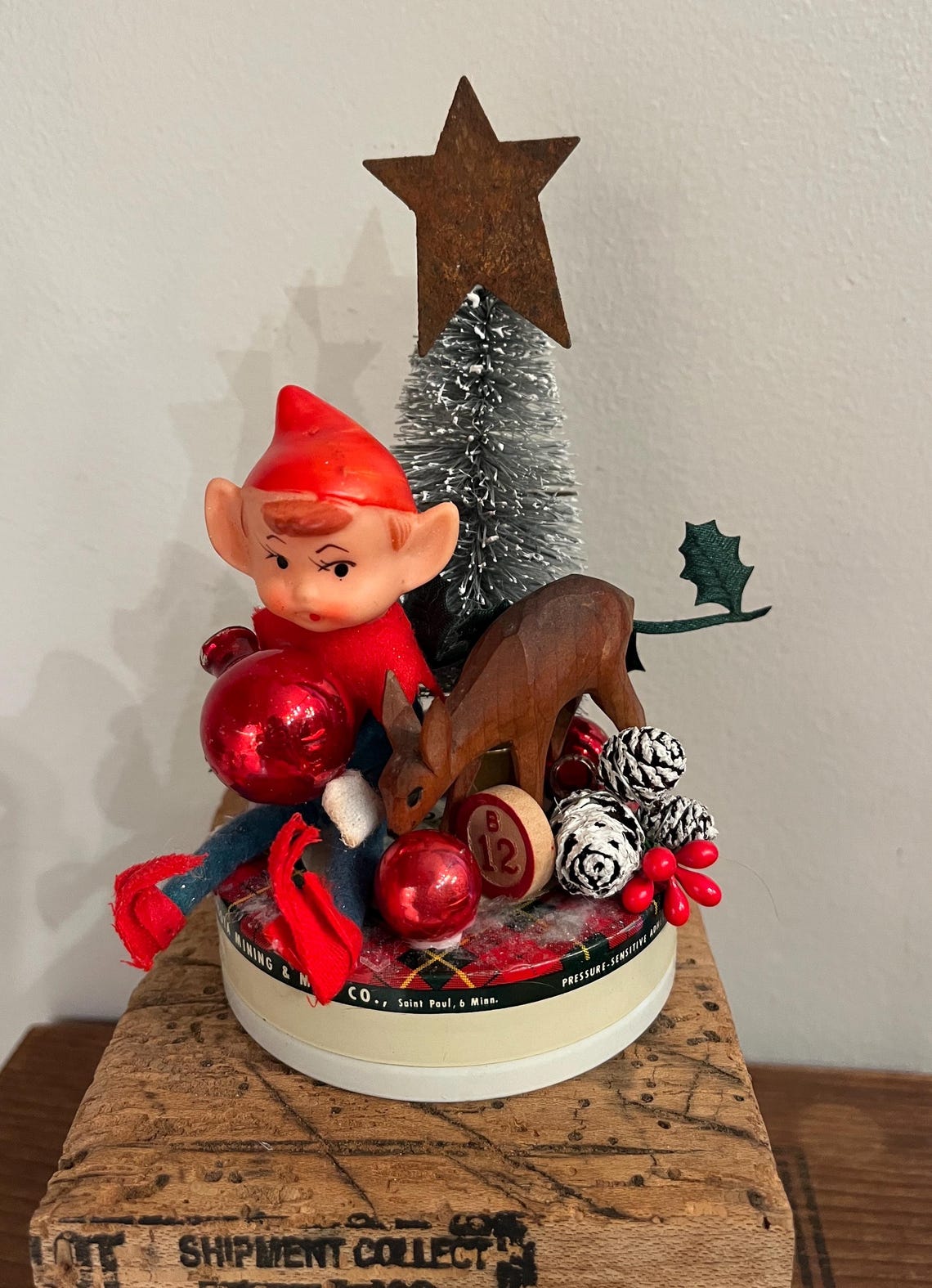 Vintage Elf on Plaid Scotch Tape Tin, Christmas Assemblage Decor Gift ...