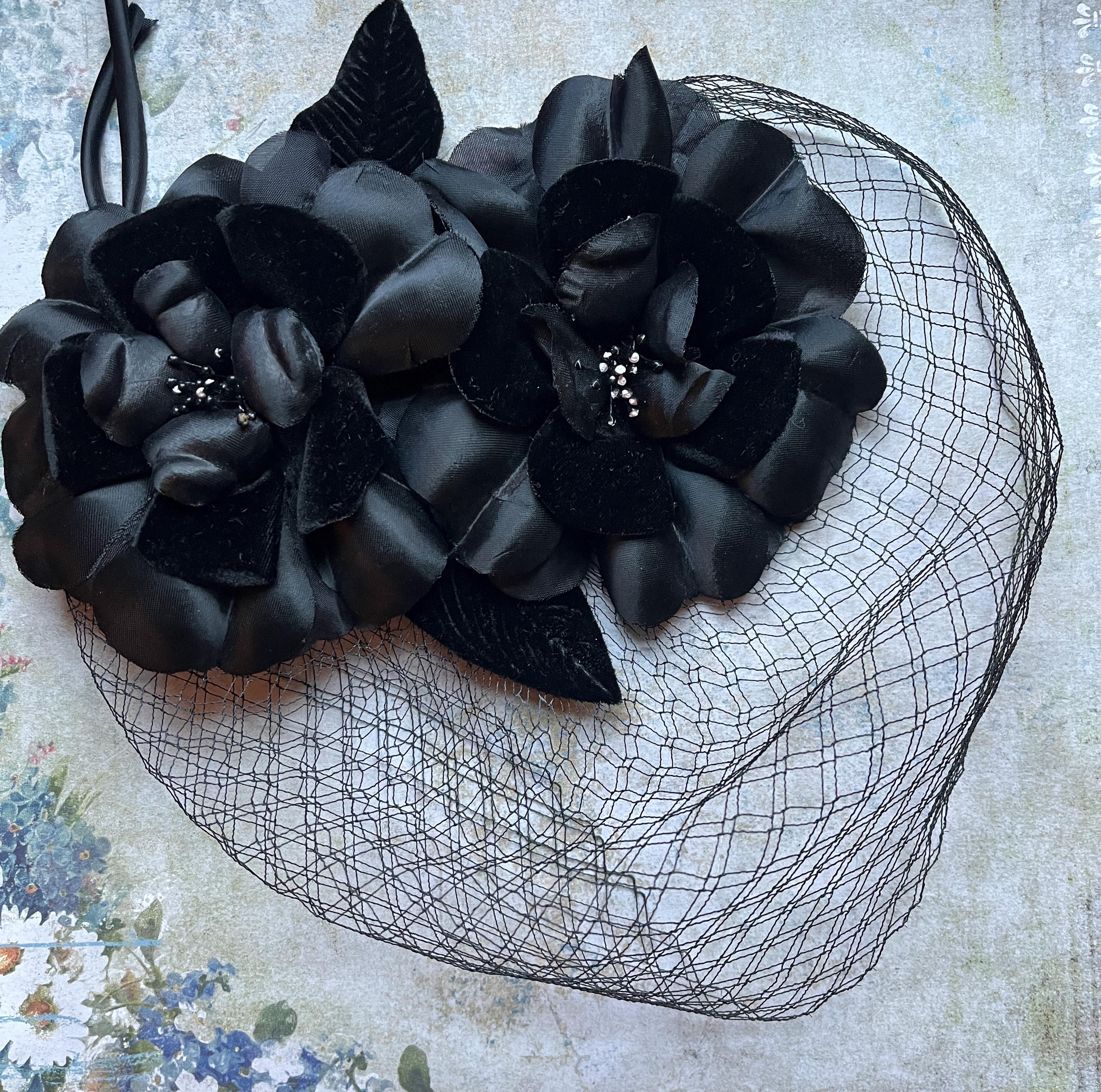 Vintage Fascinator Hat, Double Black Roses, Silk and Velvet, Fishnet ...