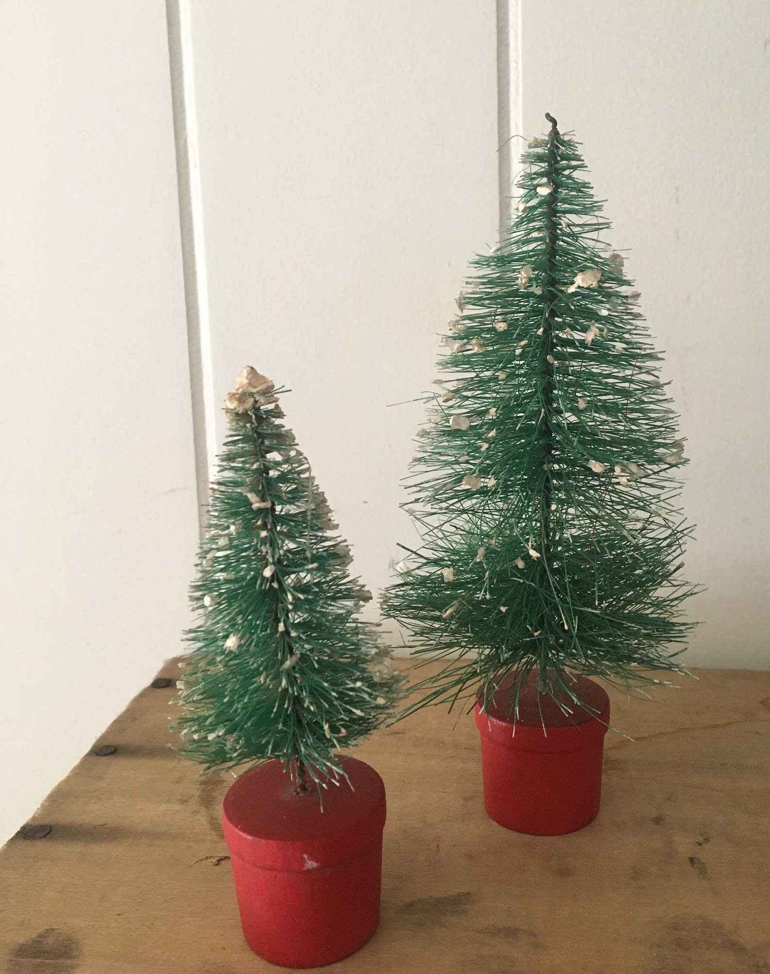 Vintage Japan Bottle Brush Trees Pair With Flocked Snow and | Etsy