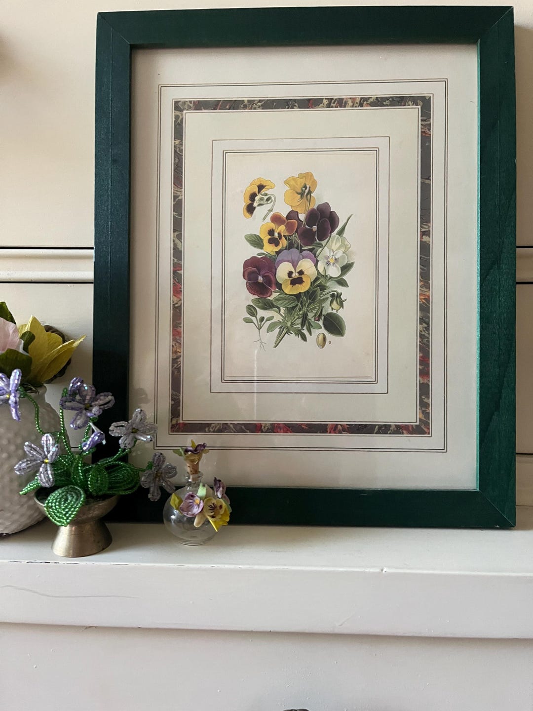 Vintage Pansy Botanical Print With Decorative Matting and Marble Paper ...
