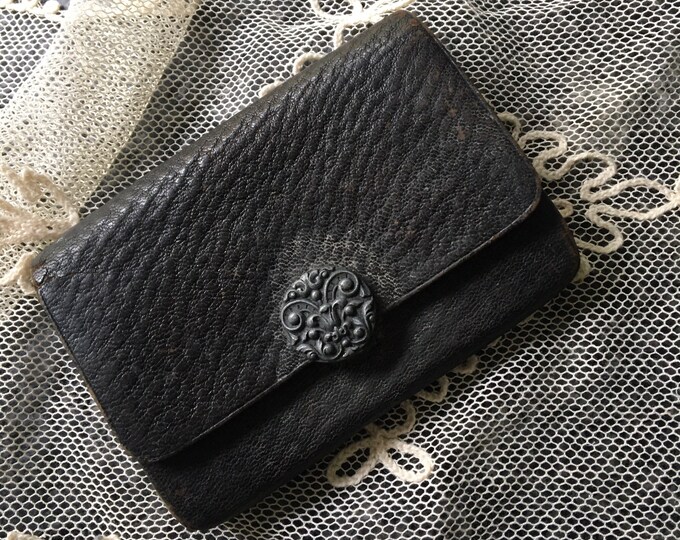 Antique Victorian Coin Purse and Wallet in Black Leather Pebbled Finish ...