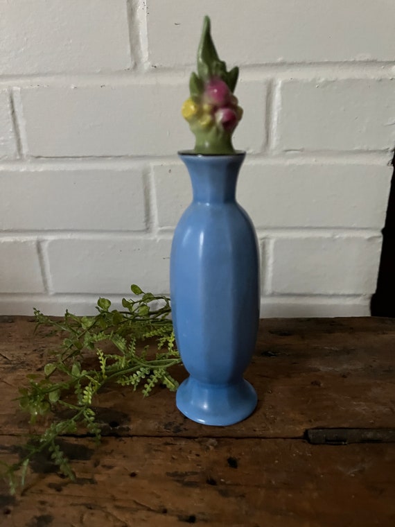 Antique Blue Ceramic Perfume Bottle with Faceted Desi… - Gem