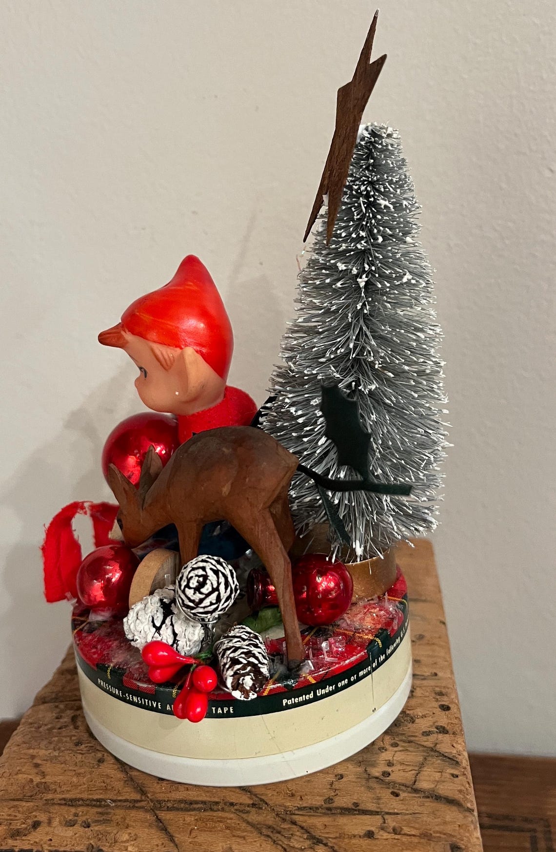 Vintage Elf on Plaid Scotch Tape Tin, Christmas Assemblage Decor Gift ...