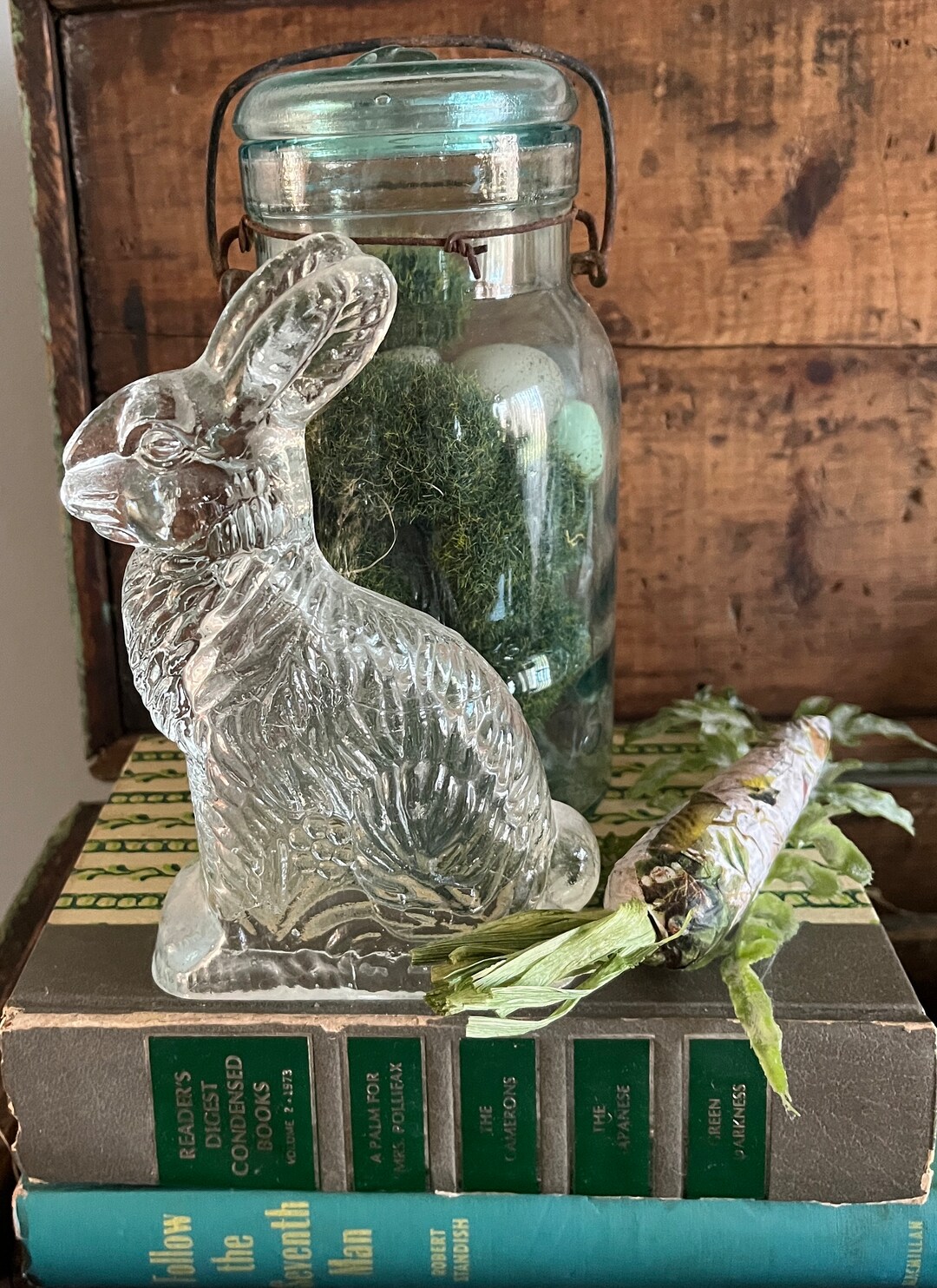 Vintage Rabbit Glass Candy Container With Flower, Easter Bunny, Circa ...