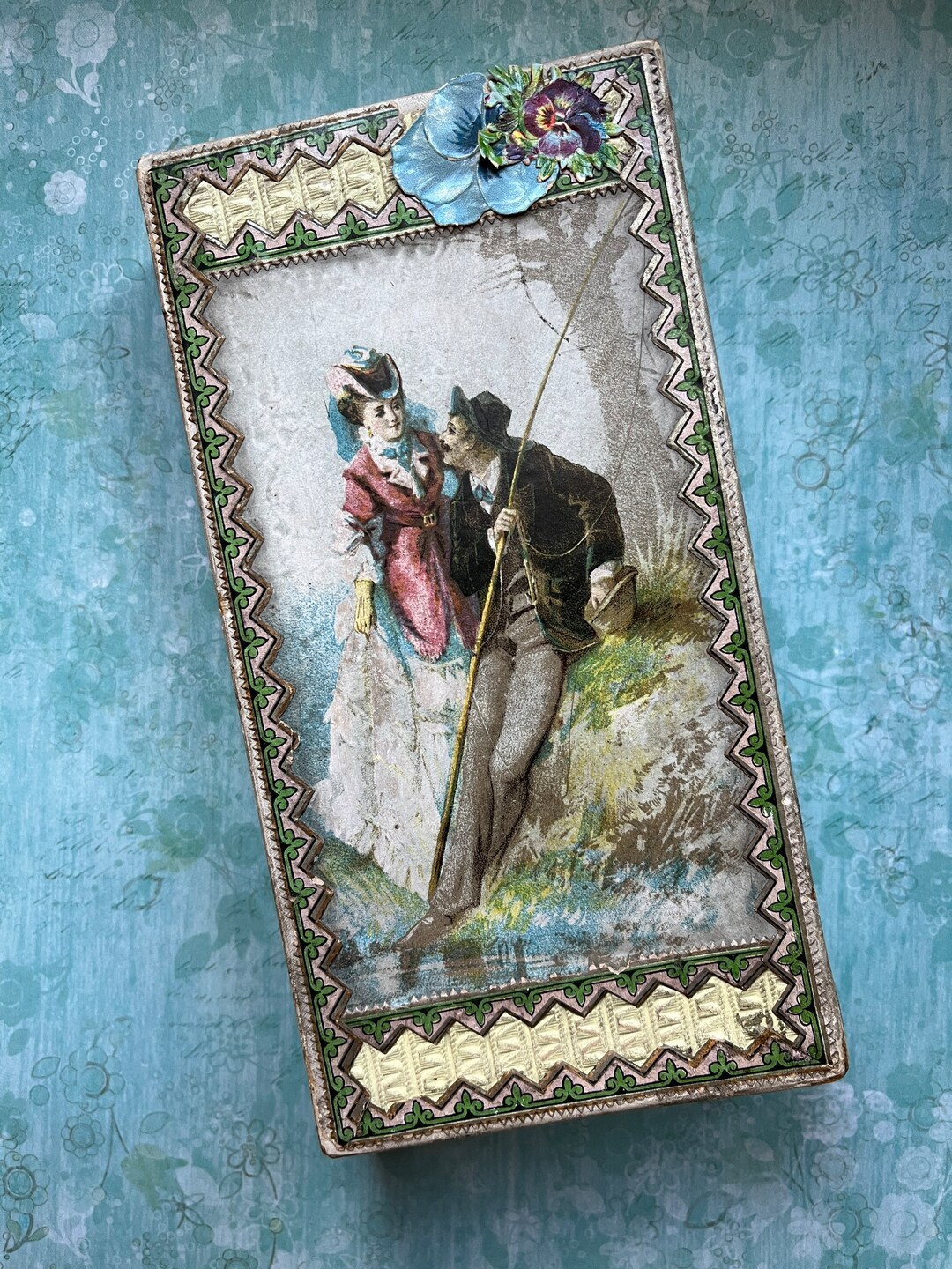 Antique Victorian Candy Box, Lithographic Image of Couple, Pansies ...