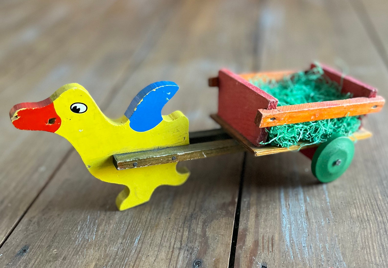 Vintage Wooden Duck With Cart Pull Toy on Wheels Hand - Etsy
