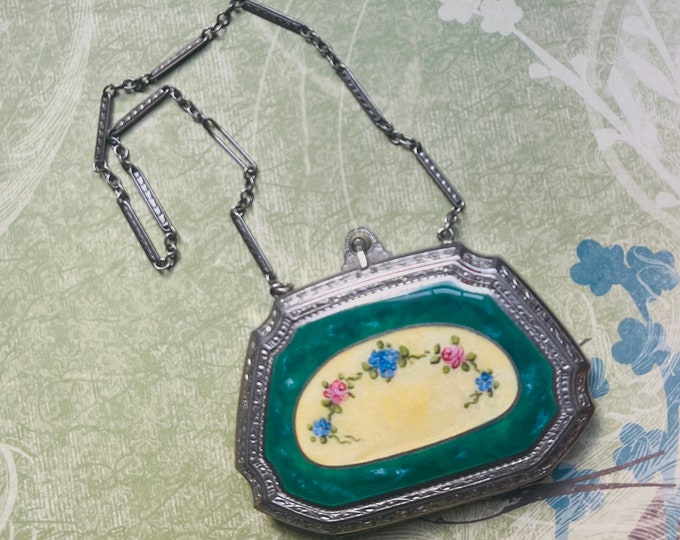 Antique Art Deco Enamel Silvertone Compact, Florals in Yellow With ...