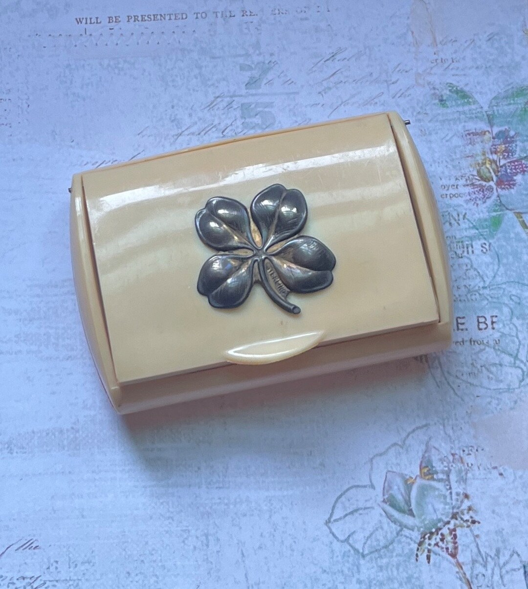 Antique Art Deco Celluloid Casket Face Powder Compact Box, Sterling Four Leaf Clover ...