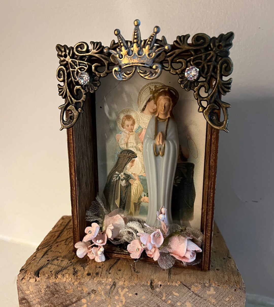 Assemblage Queen of Heaven Shadow Box Shrine With Vintage Holy Card and ...