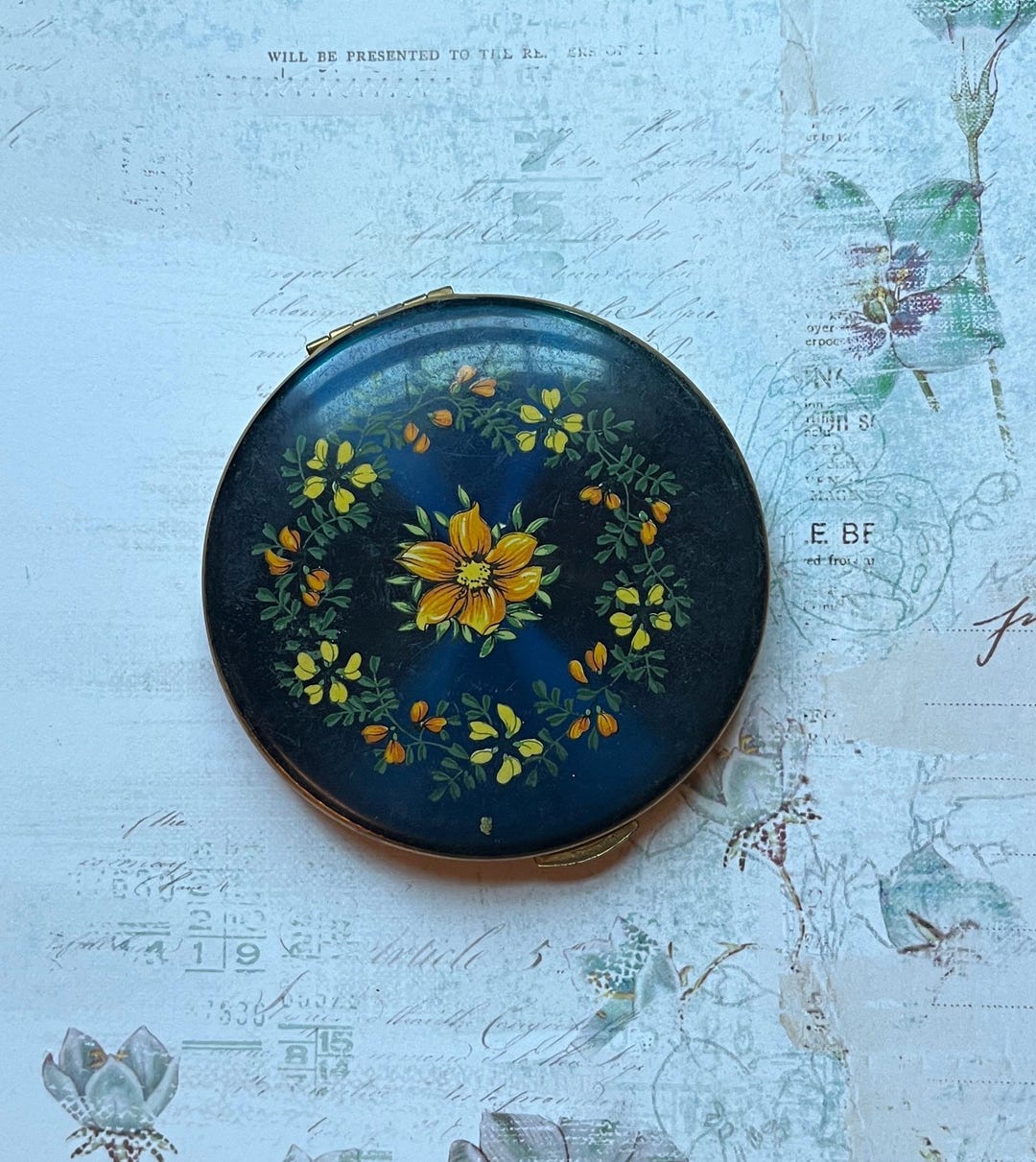 Vintage Compact Case With Blue Metallic Cover With Flowers and Engine ...