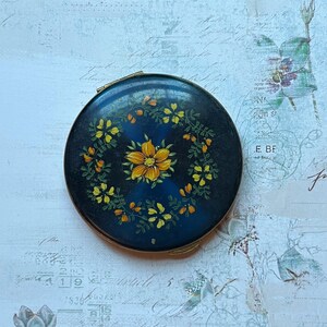 Vintage Compact Case With Blue Metallic Cover With Flowers and Engine ...
