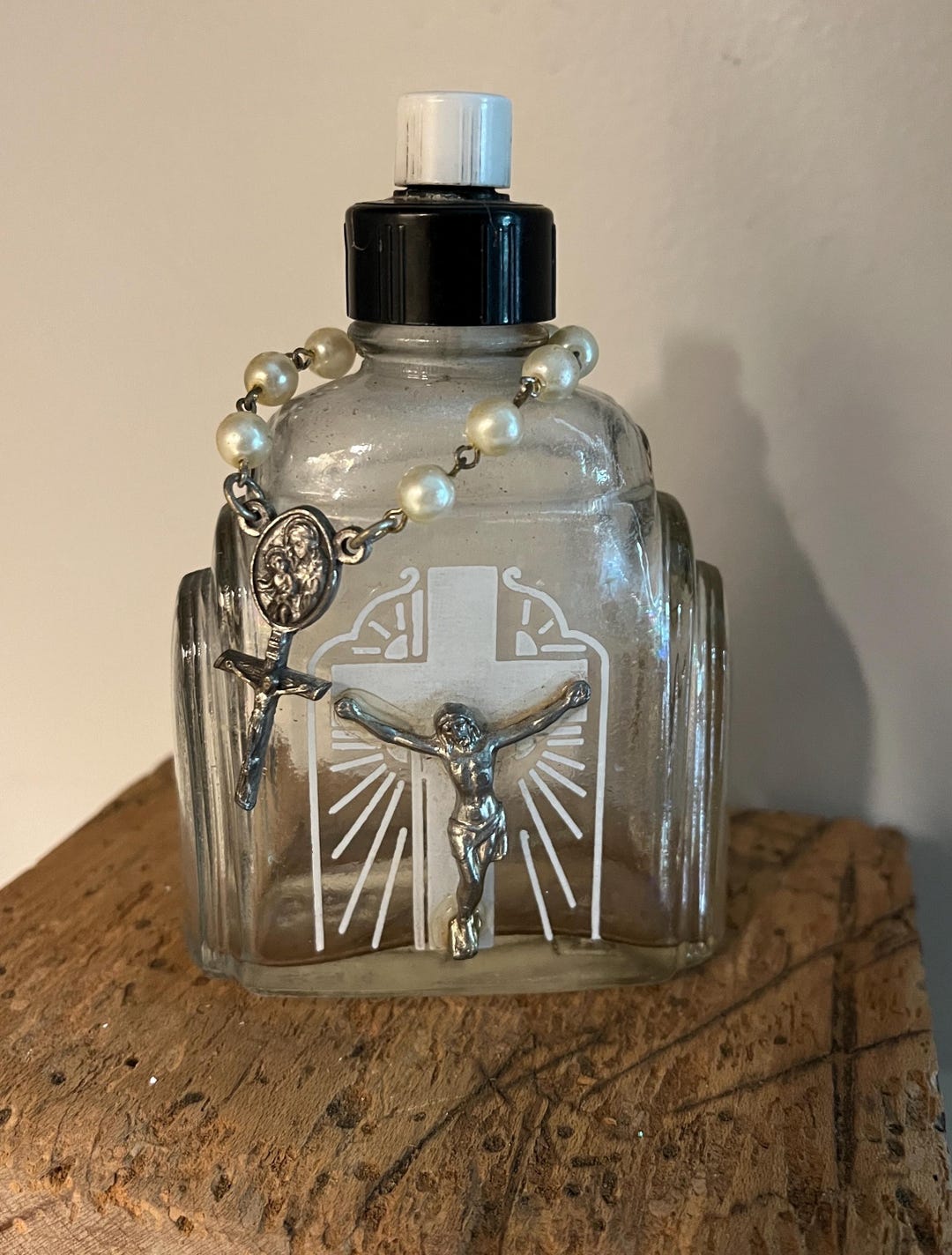 Vintage Art Deco Holy Water Glass Bottle With Radiant Cross and Applied ...
