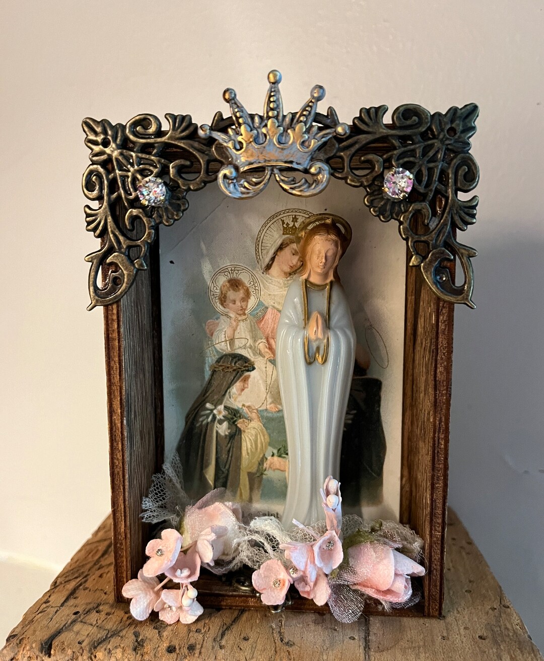 Assemblage Queen of Heaven Shadow Box Shrine With Vintage Holy Card and ...