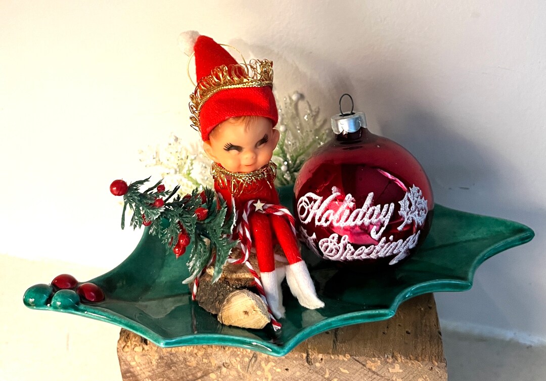 Vintage Pixie Elf in Red Suit Assemblage on Lefton Holly Leaf Berry ...