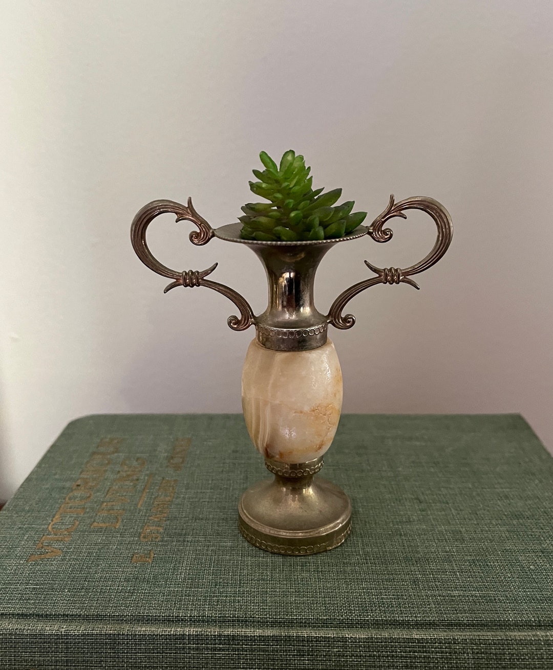 Vintage Amphora Urn With Ornate Double Handles in Brass and Yellow Onyx Accent Centerpiece ...